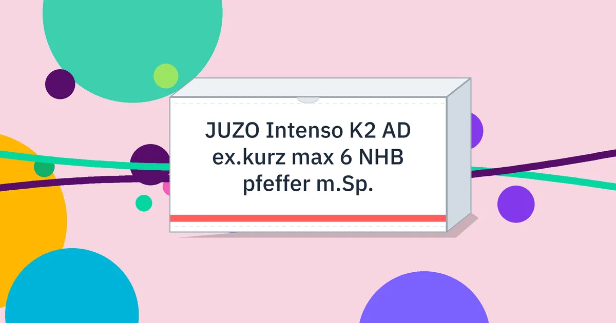 Symbolbild: Packung mit der Aufschrift JUZO Intenso K2 AD ex.kurz max 6 NHB pfeffer m.Sp. (PZN 18610259) – Verfügbarkeit und Bezug in Apotheken in Frankfurt am Main