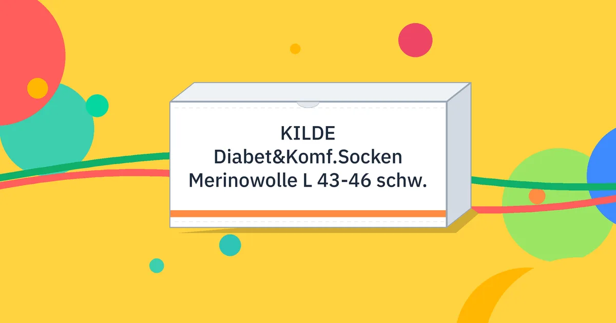 Symbolbild: Packung mit der Aufschrift KILDE Diabet&Komf.Socken Merinowolle L 43-46 schw. (PZN 20798425) – Verfügbarkeit und Bezug in Apotheken in Frankfurt am Main