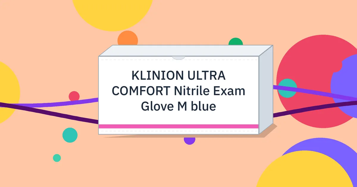 Symbolbild: Packung mit der Aufschrift KLINION ULTRA COMFORT Nitrile Exam Glove M blue (PZN 19510554) – Verfügbarkeit und Bezug in Apotheken in Frankfurt am Main