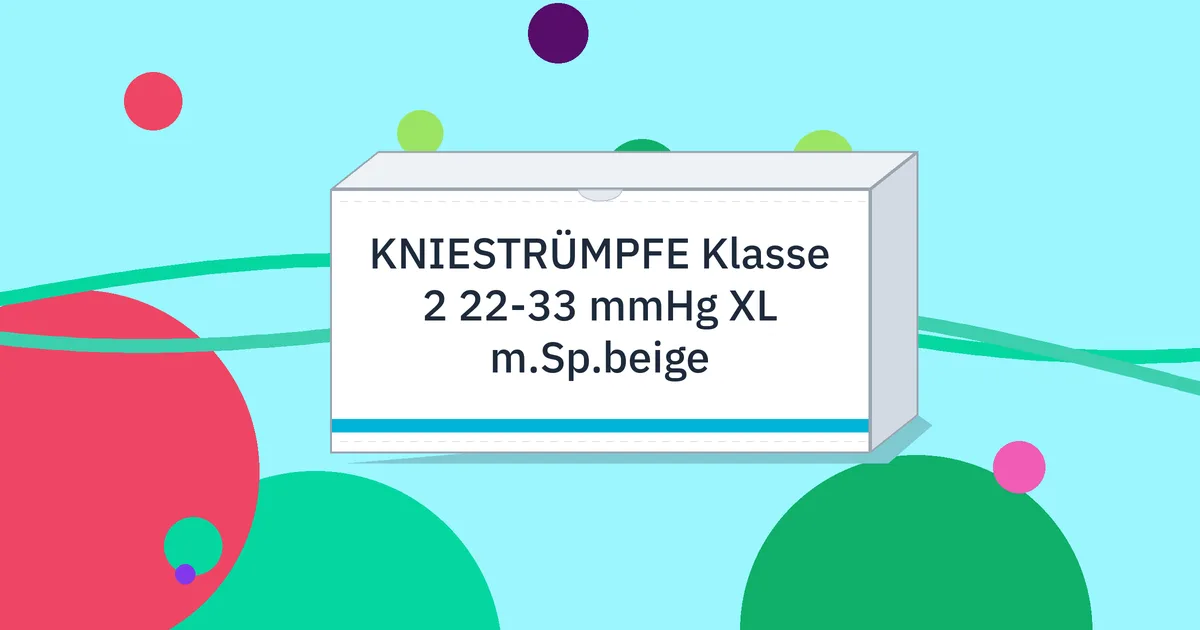 Symbolbild: Packung mit der Aufschrift KNIESTRÜMPFE Klasse 2 22-33 mmHg XL m.Sp.beige (PZN 19072485) – Verfügbarkeit und Bezug in Apotheken in Frankfurt am Main