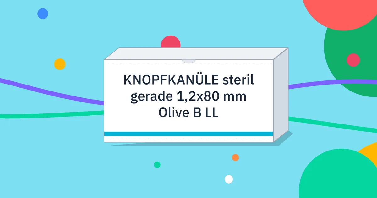 Symbolbild: Packung mit der Aufschrift KNOPFKANÜLE steril gerade 1,2x80 mm Olive B LL (PZN 19977950) – Verfügbarkeit und Bezug in Apotheken in Frankfurt am Main