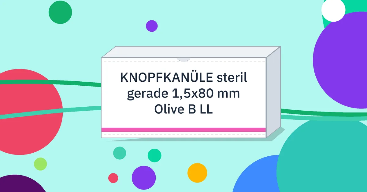 Symbolbild: Packung mit der Aufschrift KNOPFKANÜLE steril gerade 1,5x80 mm Olive B LL (PZN 19977996) – Verfügbarkeit und Bezug in Apotheken in Frankfurt am Main