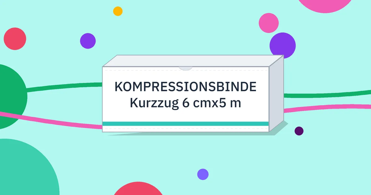 Symbolbild: Packung mit der Aufschrift KOMPRESSIONSBINDE Kurzzug 6 cmx5 m (PZN 07550608) – Verfügbarkeit und Bezug in Apotheken in Frankfurt am Main
