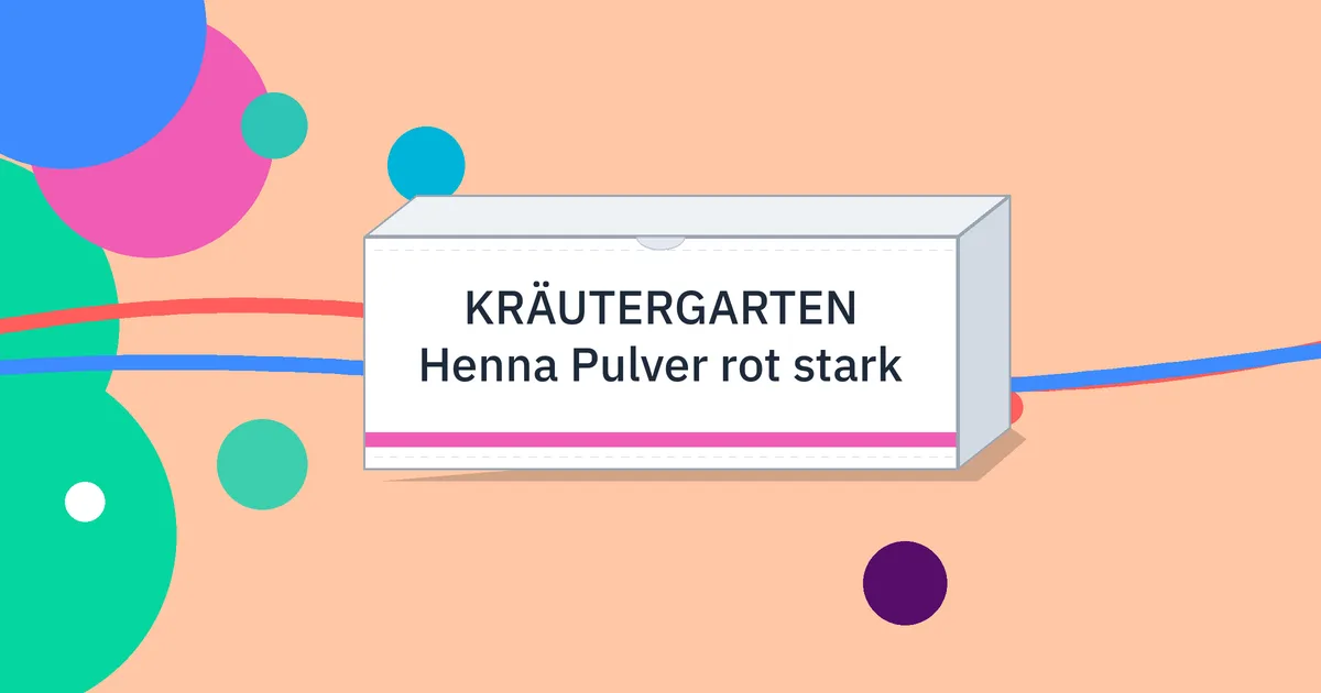 Symbolbild: Packung mit der Aufschrift KRÄUTERGARTEN Henna Pulver rot stark (PZN 16202935) – Verfügbarkeit und Bezug in Apotheken in Frankfurt am Main