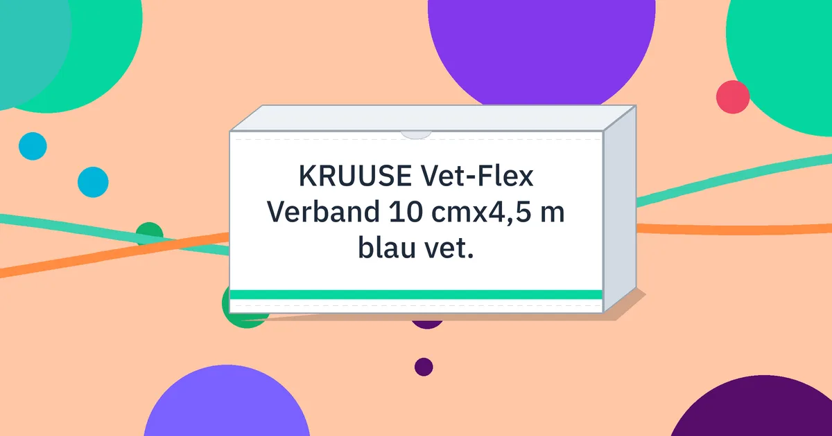 Symbolbild: Packung mit der Aufschrift KRUUSE Vet-Flex Verband 10 cmx4,5 m blau vet. (PZN 18443413) – Verfügbarkeit und Bezug in Apotheken in Frankfurt am Main