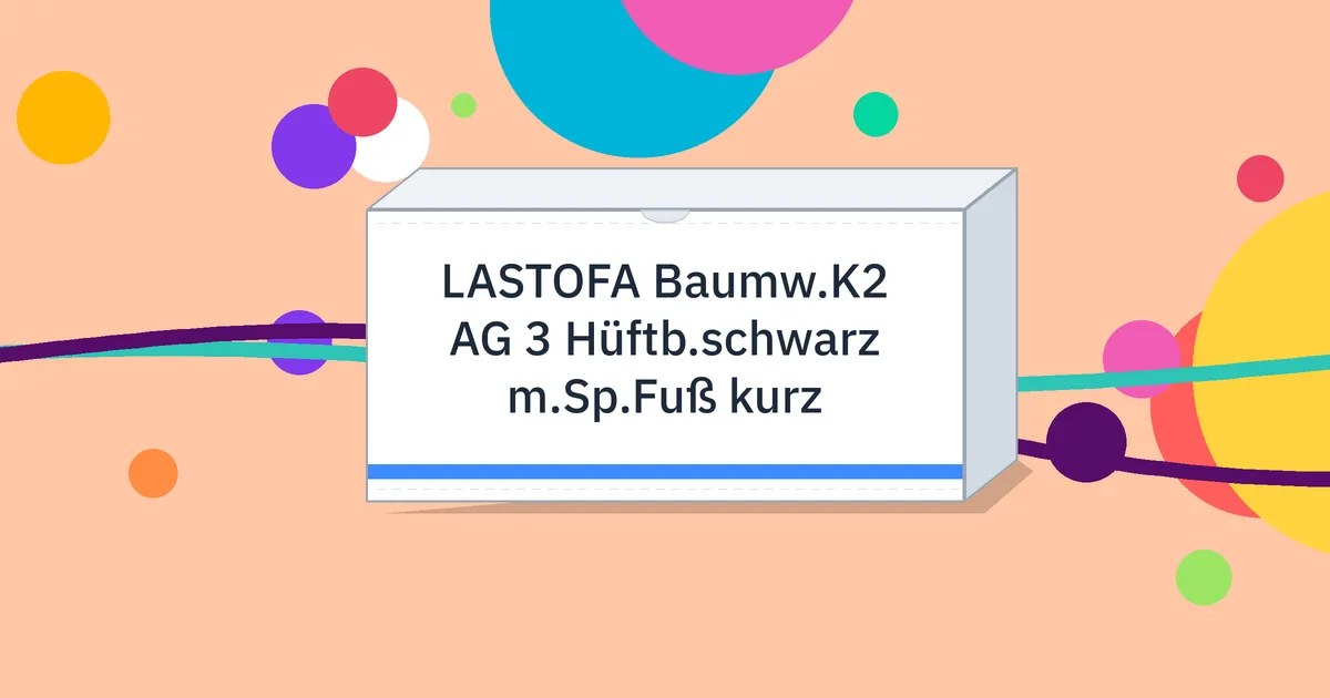 Symbolbild: Packung mit der Aufschrift LASTOFA Baumw.K2 AG 3 Hüftb.schwarz m.Sp.Fuß kurz (PZN 01949491) – Verfügbarkeit und Bezug in Apotheken in Frankfurt am Main
