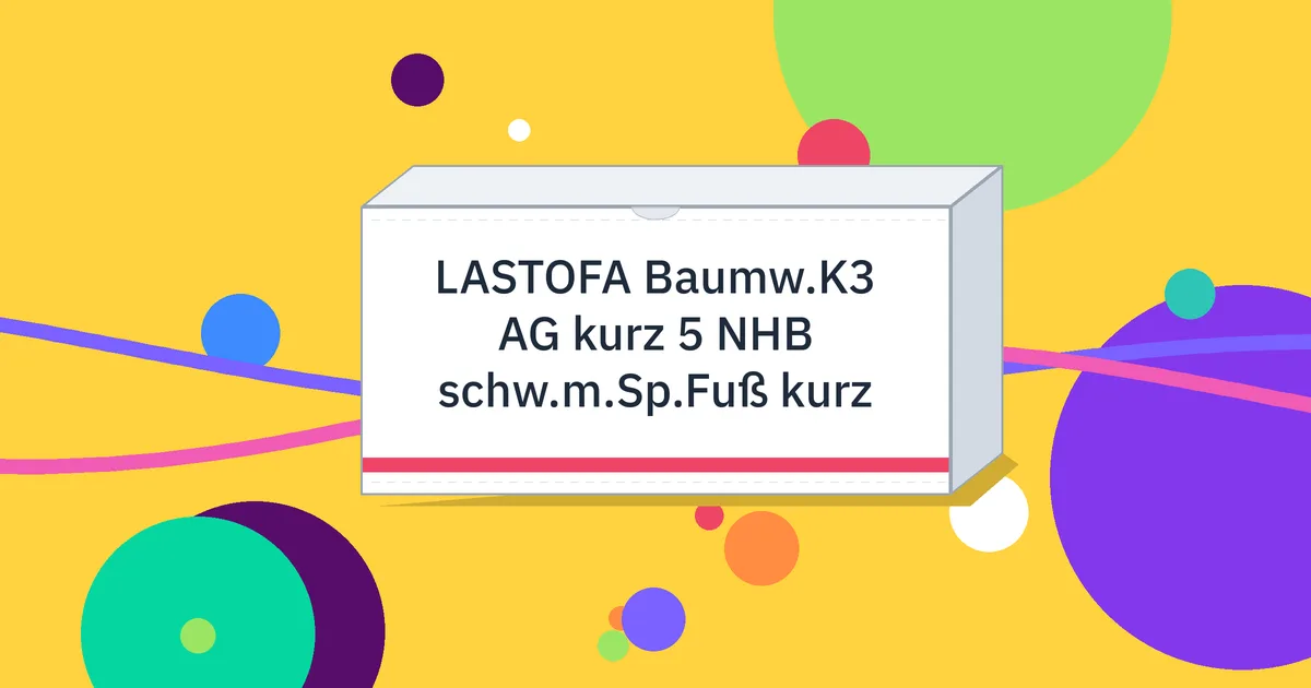 Symbolbild: Packung mit der Aufschrift LASTOFA Baumw.K3 AG kurz 5 NHB schw.m.Sp.Fuß kurz (PZN 01955729) – Verfügbarkeit und Bezug in Apotheken in Frankfurt am Main