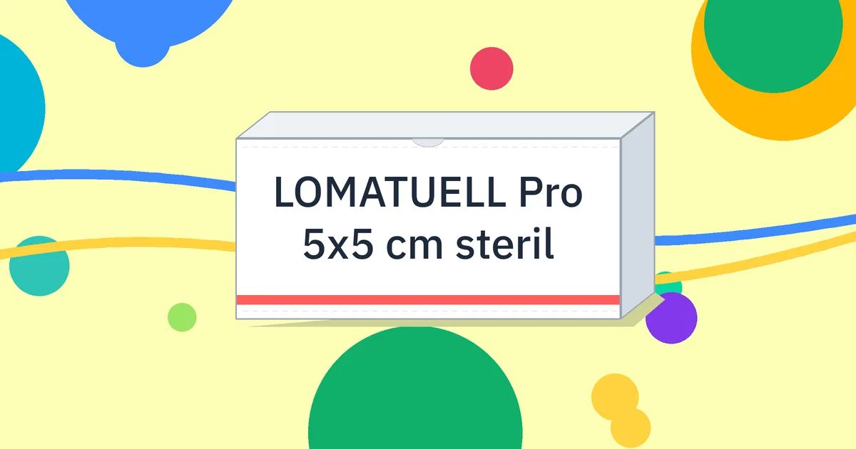 Symbolbild: Packung mit der Aufschrift LOMATUELL Pro 5x5 cm steril (PZN 19183380) – Verfügbarkeit und Bezug in Apotheken in Frankfurt am Main