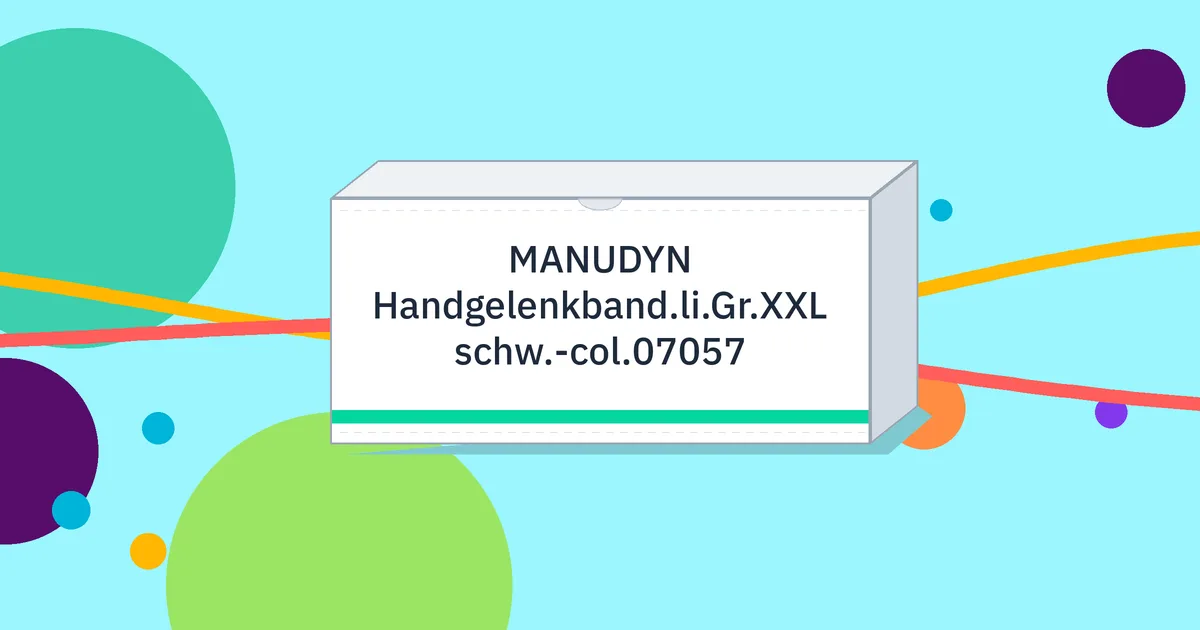 Symbolbild: Packung mit der Aufschrift MANUDYN Handgelenkband.li.Gr.XXL schw.-col.07057 (PZN 06727252) – Verfügbarkeit und Bezug in Apotheken in Frankfurt am Main