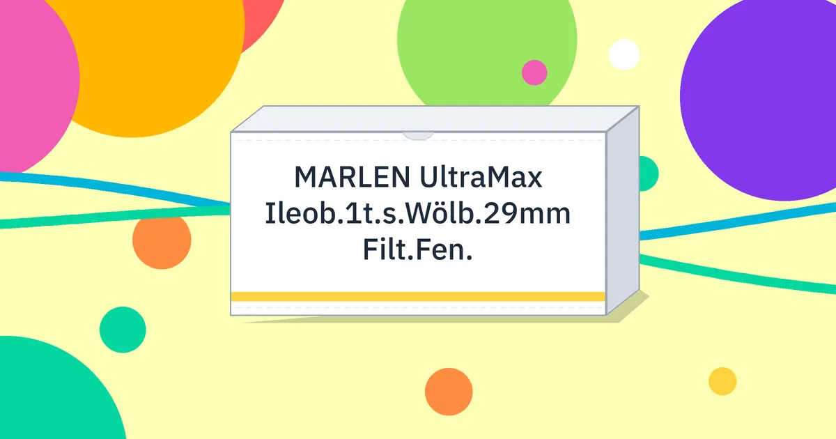 Symbolbild: Packung mit der Aufschrift MARLEN UltraMax Ileob.1t.s.Wölb.29mm Filt.Fen. (PZN 03293994) – Verfügbarkeit und Bezug in Apotheken in Frankfurt am Main