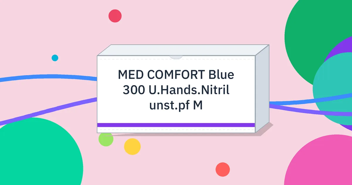 Symbolbild: Packung mit der Aufschrift MED COMFORT Blue 300 U.Hands.Nitril unst.pf M (PZN 15560213) – Verfügbarkeit und Bezug in Apotheken in Frankfurt am Main