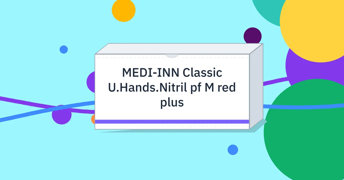 Symbolbild: Packung mit der Aufschrift MEDI-INN Classic U.Hands.Nitril pf M red plus (PZN 18445139) – Verfügbarkeit und Bezug in Apotheken in Frankfurt am Main