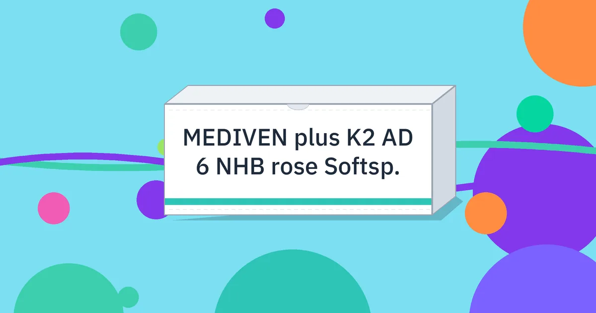 Symbolbild: Packung mit der Aufschrift MEDIVEN plus K2 AD 6 NHB rose Softsp. (PZN 15936670) – Verfügbarkeit und Bezug in Apotheken in Frankfurt am Main
