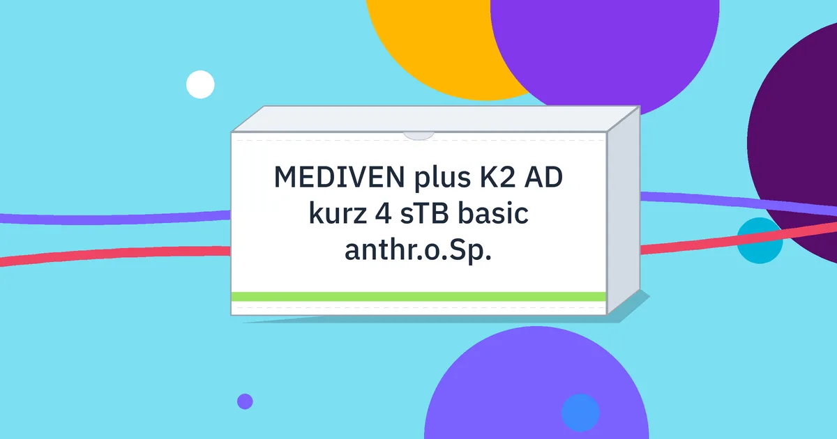 Symbolbild: Packung mit der Aufschrift MEDIVEN plus K2 AD kurz 4 sTB basic anthr.o.Sp. (PZN 15099234) – Verfügbarkeit und Bezug in Apotheken in Frankfurt am Main