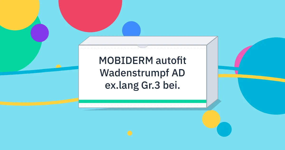 Symbolbild: Packung mit der Aufschrift MOBIDERM autofit Wadenstrumpf AD ex.lang Gr.3 bei. (PZN 19742135) – Verfügbarkeit und Bezug in Apotheken in Frankfurt am Main
