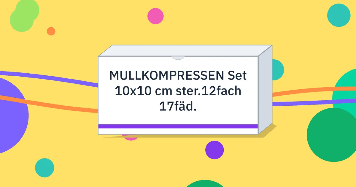 Symbolbild: Packung mit der Aufschrift MULLKOMPRESSEN Set 10x10 cm ster.12fach 17fäd. (PZN 06930674) – Verfügbarkeit und Bezug in Apotheken in Frankfurt am Main