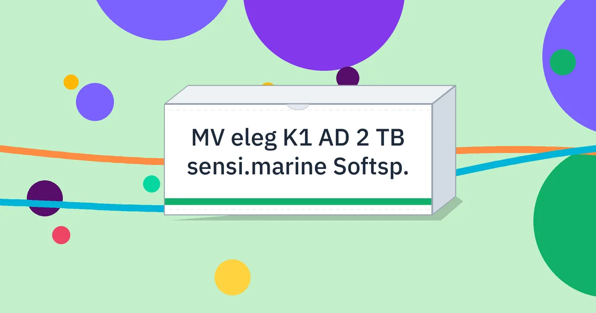 Symbolbild: Packung mit der Aufschrift MV eleg K1 AD 2 TB sensi.marine Softsp. (PZN 14582224) – Verfügbarkeit und Bezug in Apotheken in Frankfurt am Main