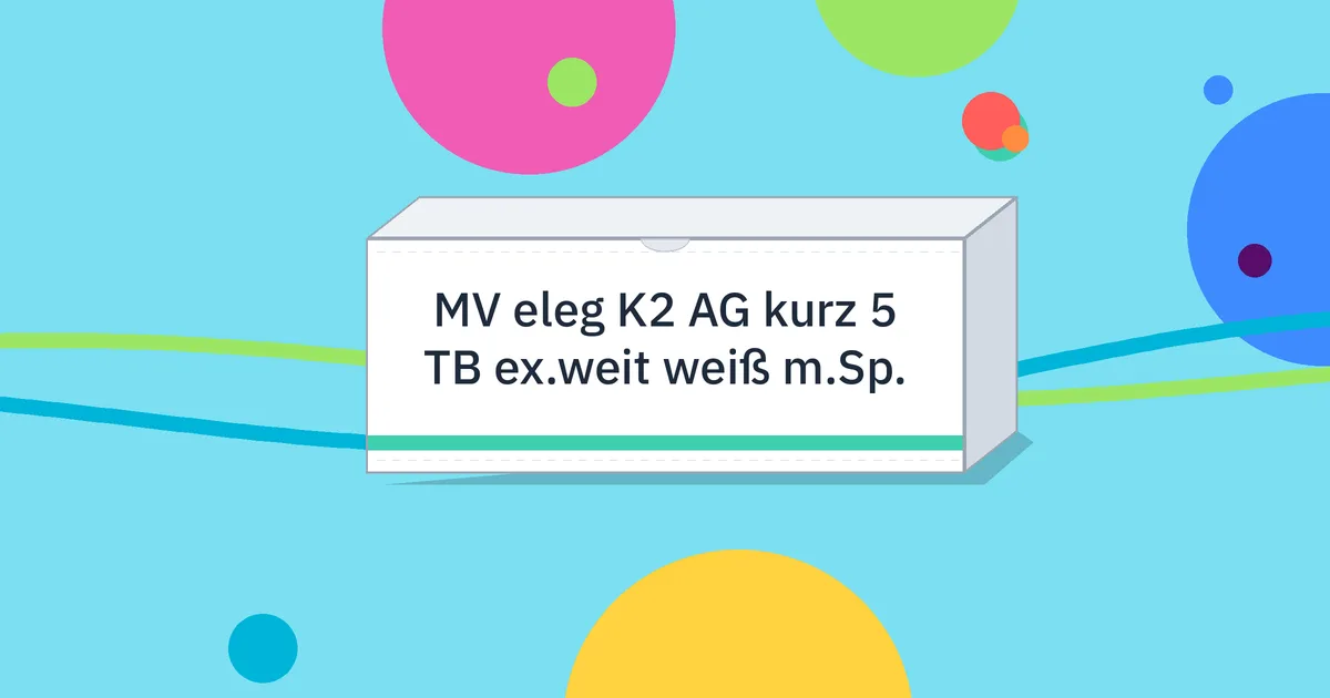 Symbolbild: Packung mit der Aufschrift MV eleg K2 AG kurz 5 TB ex.weit weiß m.Sp. (PZN 09880557) – Verfügbarkeit und Bezug in Apotheken in Frankfurt am Main