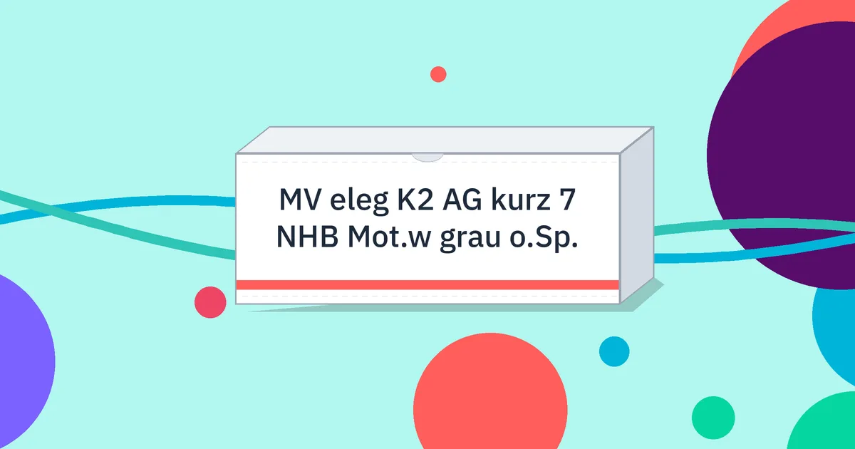 Symbolbild: Packung mit der Aufschrift MV eleg K2 AG kurz 7 NHB Mot.w grau o.Sp. (PZN 18927803) – Verfügbarkeit und Bezug in Apotheken in Frankfurt am Main