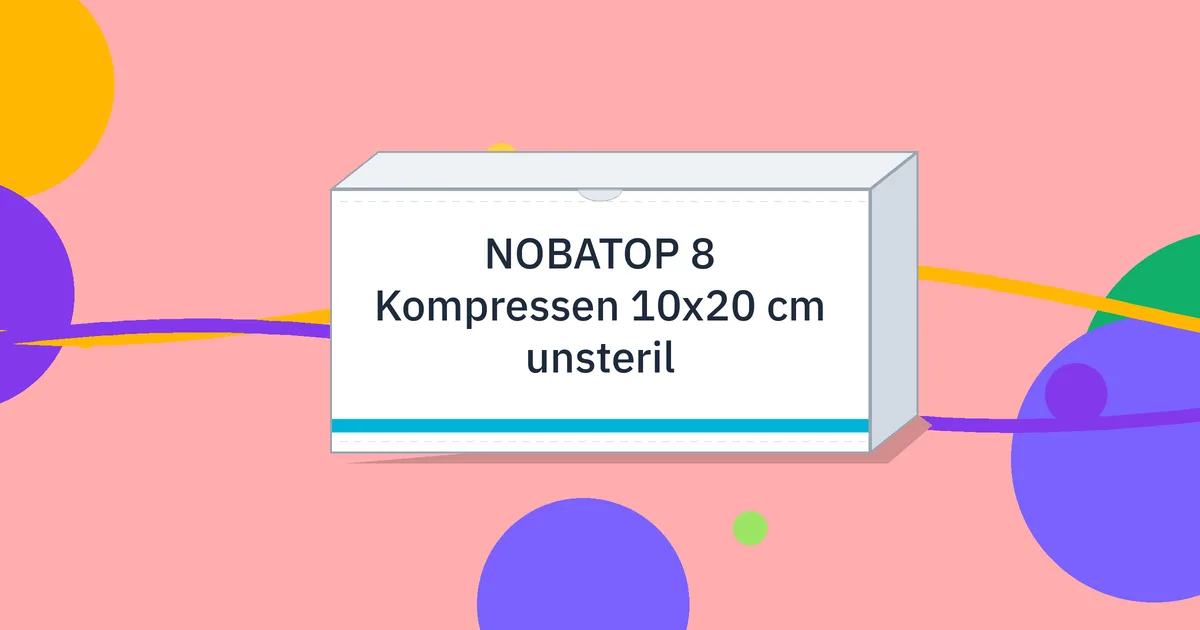 Symbolbild: Packung mit der Aufschrift NOBATOP 8 Kompressen 10x20 cm unsteril (PZN 07099237) – Verfügbarkeit und Bezug in Apotheken in Frankfurt am Main