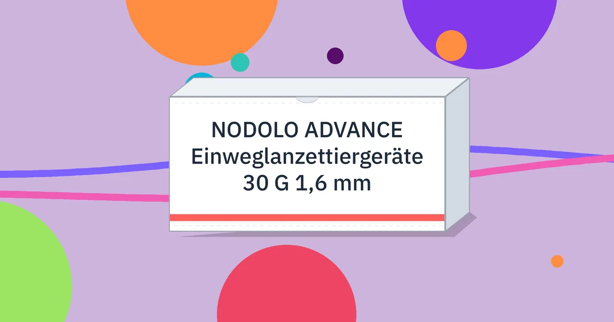 Symbolbild: Packung mit der Aufschrift NODOLO ADVANCE Einweglanzettiergeräte 30 G 1,6 mm (PZN 18427118) – Verfügbarkeit und Bezug in Apotheken in Frankfurt am Main