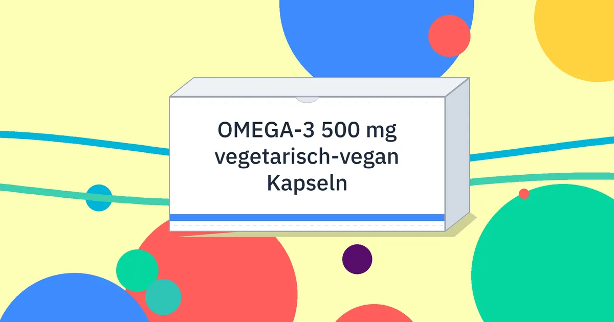 Symbolbild: Packung mit der Aufschrift OMEGA-3 500 mg vegetarisch-vegan Kapseln (PZN 15737812) – Verfügbarkeit und Bezug in Apotheken in Frankfurt am Main