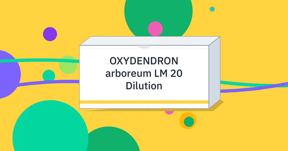 Symbolbild: Packung mit der Aufschrift OXYDENDRON arboreum LM 20 Dilution (PZN 13629509) – Verfügbarkeit und Bezug in Apotheken in Frankfurt am Main