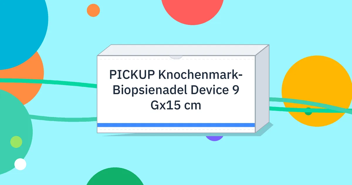 Symbolbild: Packung mit der Aufschrift PICKUP Knochenmark-Biopsienadel Device 9 Gx15 cm (PZN 16946819) – Verfügbarkeit und Bezug in Apotheken in Frankfurt am Main