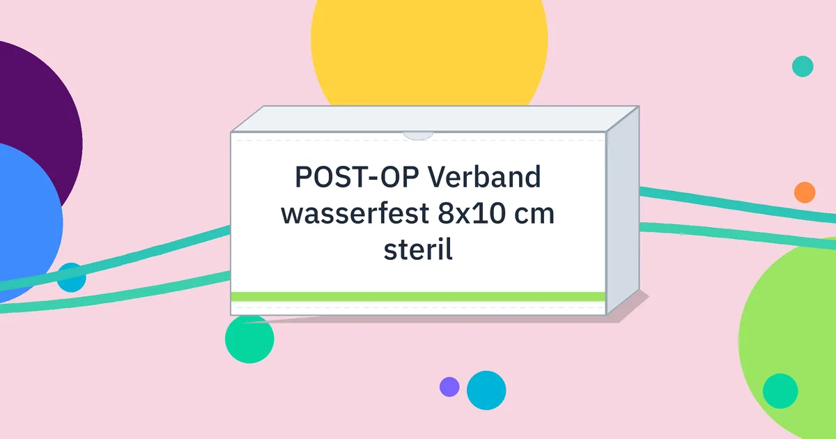 Symbolbild: Packung mit der Aufschrift POST-OP Verband wasserfest 8x10 cm steril (PZN 17562392) – Verfügbarkeit und Bezug in Apotheken in Frankfurt am Main