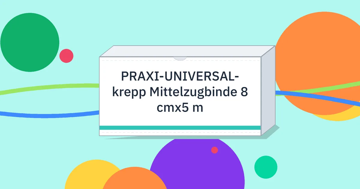 Symbolbild: Packung mit der Aufschrift PRAXI-UNIVERSAL-krepp Mittelzugbinde 8 cmx5 m (PZN 12828193) – Verfügbarkeit und Bezug in Apotheken in Frankfurt am Main