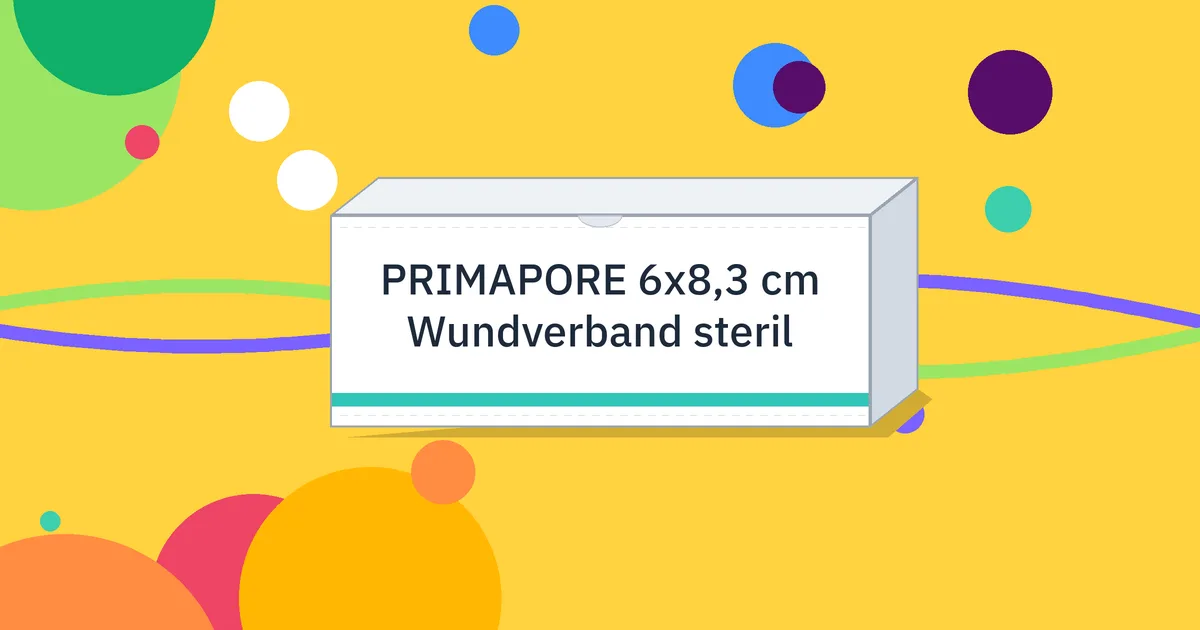 Symbolbild: Packung mit der Aufschrift PRIMAPORE 6x8,3 cm Wundverband steril (PZN 15887144) – Verfügbarkeit und Bezug in Apotheken in Frankfurt am Main