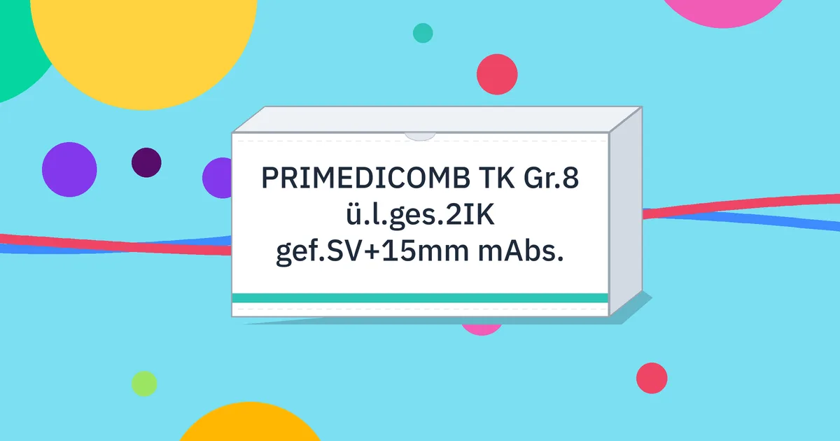 Symbolbild: Packung mit der Aufschrift PRIMEDICOMB TK Gr.8 ü.l.ges.2IK gef.SV+15mm mAbs. (PZN 11375950) – Verfügbarkeit und Bezug in Apotheken in Frankfurt am Main