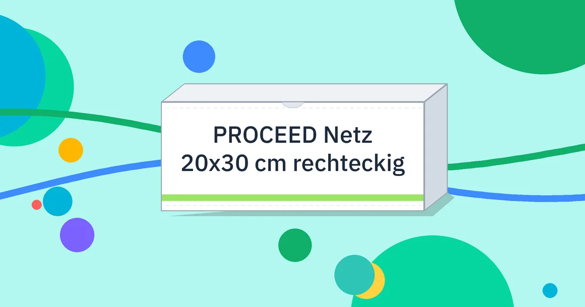 Symbolbild: Packung mit der Aufschrift PROCEED Netz 20x30 cm rechteckig (PZN 20852432) – Verfügbarkeit und Bezug in Apotheken in Frankfurt am Main