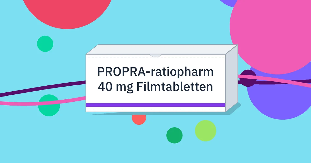 Symbolbild: Packung mit der Aufschrift PROPRA-ratiopharm 40 mg Filmtabletten (PZN 02424431) – Verfügbarkeit und Bezug in Apotheken in Frankfurt am Main