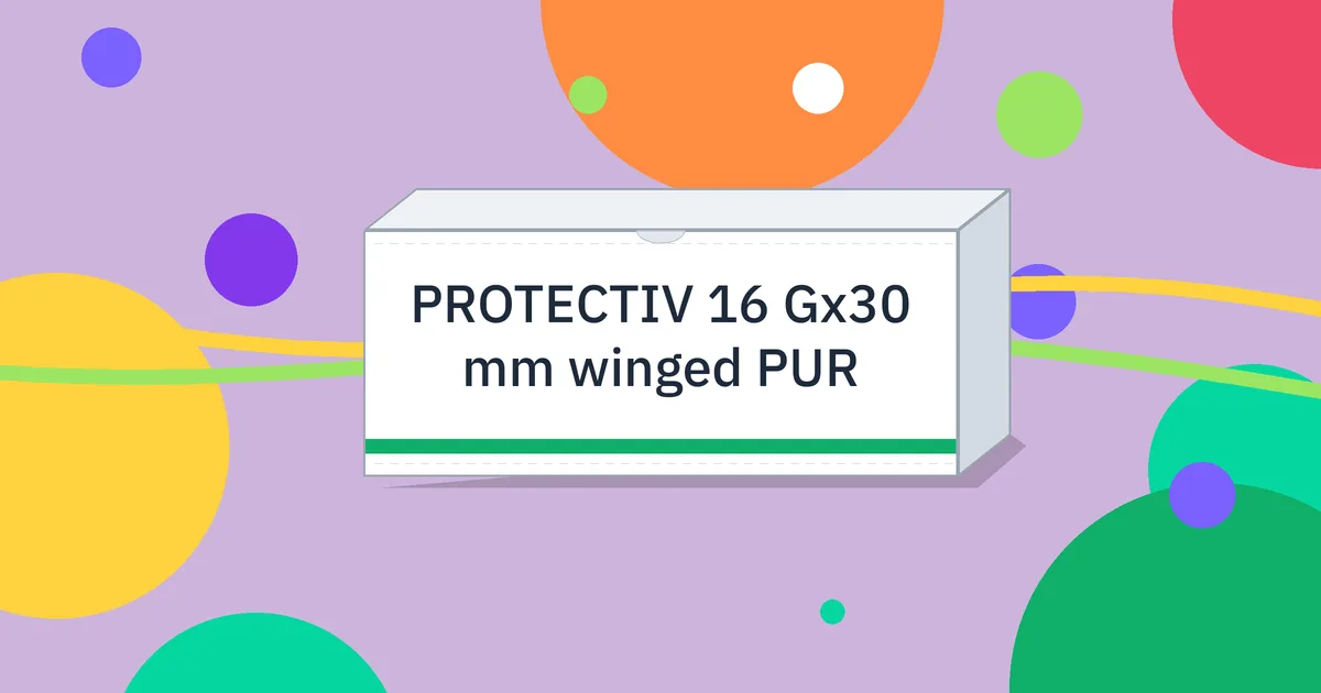 Symbolbild: Packung mit der Aufschrift PROTECTIV 16 Gx30 mm winged PUR (PZN 06447334) – Verfügbarkeit und Bezug in Apotheken in Frankfurt am Main
