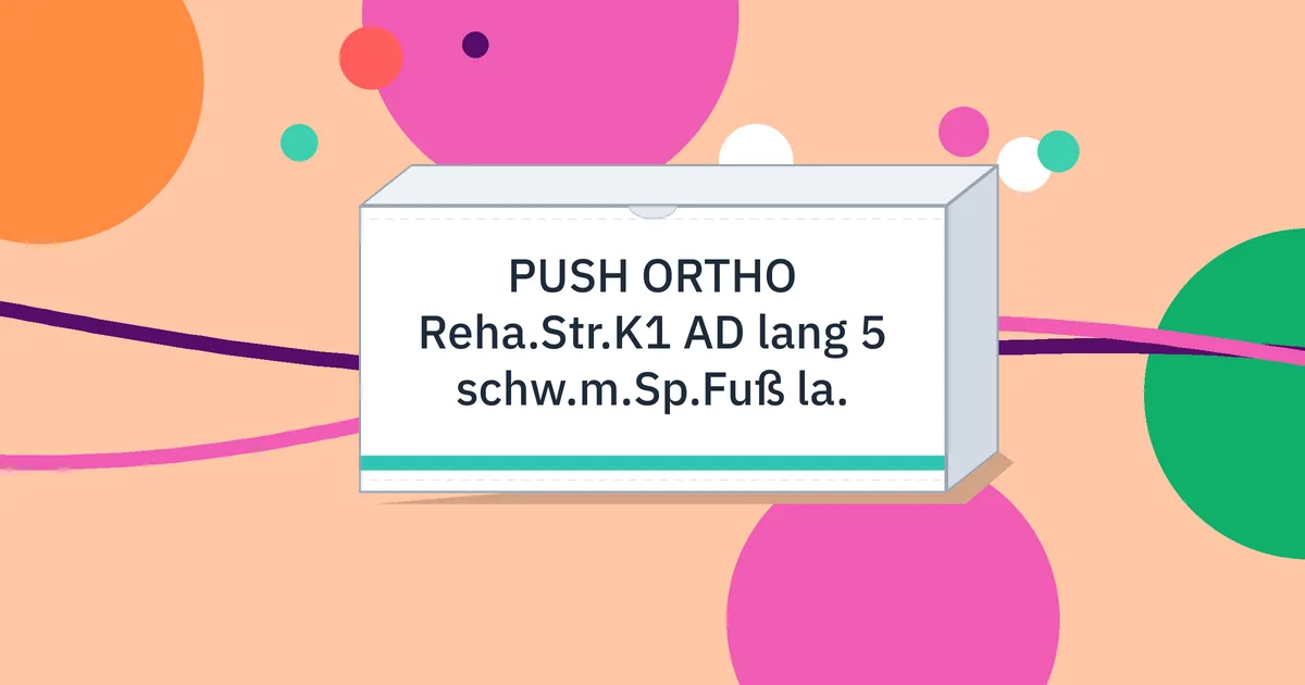 Symbolbild: Packung mit der Aufschrift PUSH ORTHO Reha.Str.K1 AD lang 5 schw.m.Sp.Fuß la. (PZN 19157419) – Verfügbarkeit und Bezug in Apotheken in Frankfurt am Main