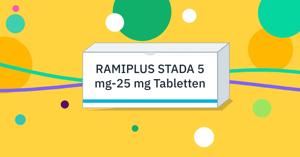 Symbolbild: Packung mit der Aufschrift RAMIPLUS STADA 5 mg-25 mg Tabletten (PZN 02379009) – Verfügbarkeit und Bezug in Apotheken in Frankfurt am Main