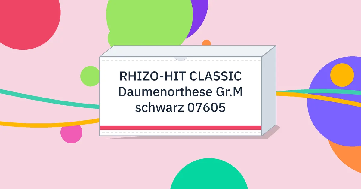 Symbolbild: Packung mit der Aufschrift RHIZO-HIT CLASSIC Daumenorthese Gr.M schwarz 07605 (PZN 02461840) – Verfügbarkeit und Bezug in Apotheken in Frankfurt am Main