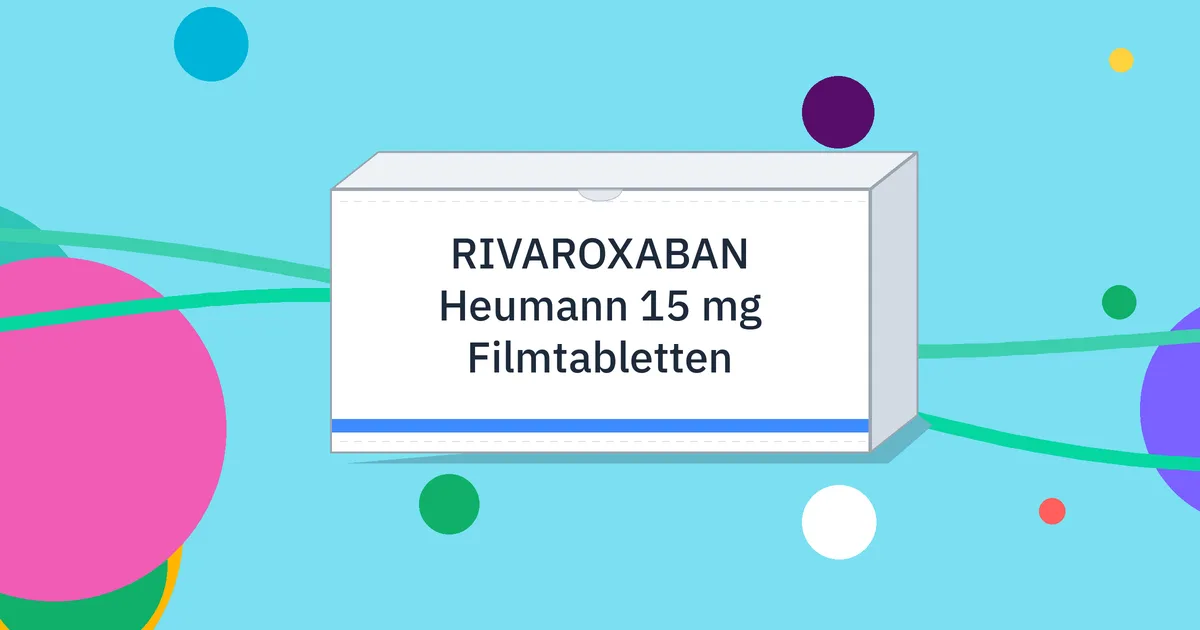 Symbolbild: Packung mit der Aufschrift RIVAROXABAN Heumann 15 mg Filmtabletten (PZN 18840663) – Verfügbarkeit und Bezug in Apotheken in Frankfurt am Main