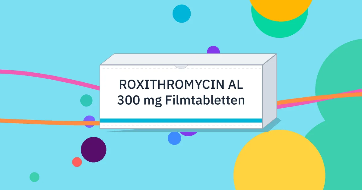 Symbolbild: Packung mit der Aufschrift ROXITHROMYCIN AL 300 mg Filmtabletten (PZN 08457578) – Verfügbarkeit und Bezug in Apotheken in Frankfurt am Main
