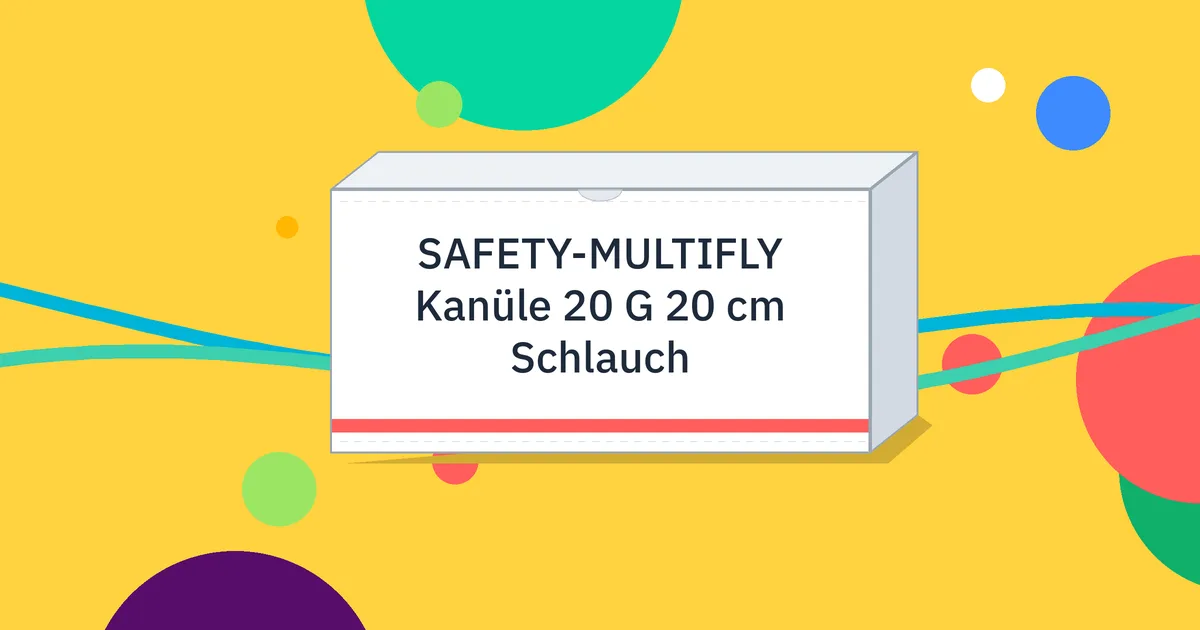 Symbolbild: Packung mit der Aufschrift SAFETY-MULTIFLY Kanüle 20 G 20 cm Schlauch (PZN 20914819) – Verfügbarkeit und Bezug in Apotheken in Frankfurt am Main