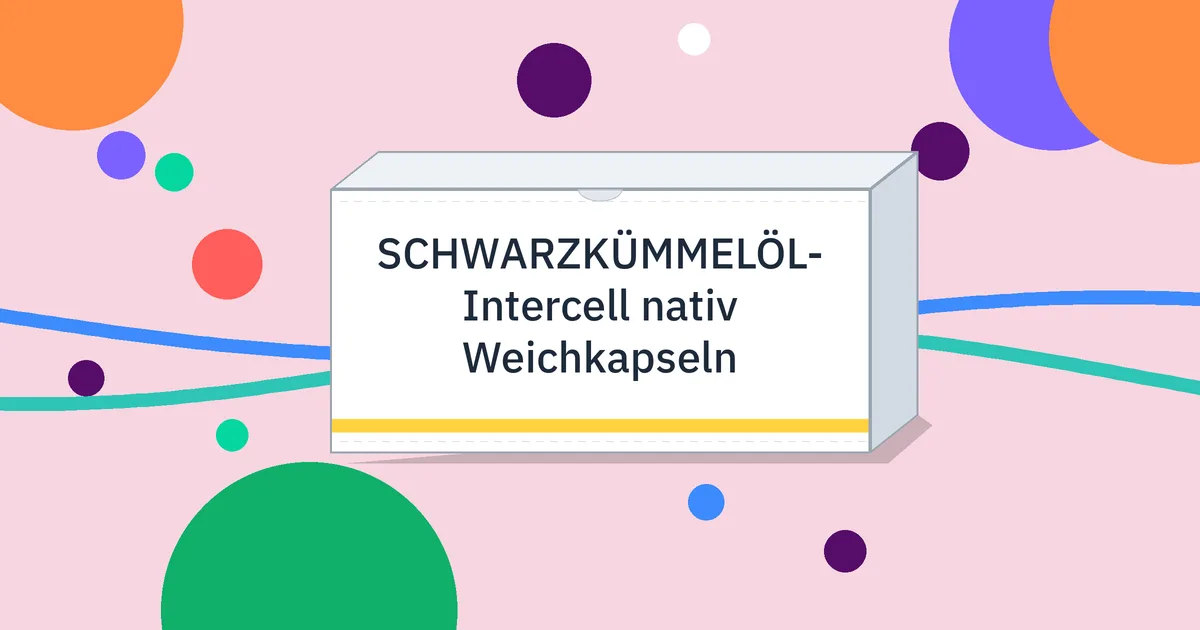 Symbolbild: Packung mit der Aufschrift SCHWARZKÜMMELÖL-Intercell nativ Weichkapseln (PZN 20608790) – Verfügbarkeit und Bezug in Apotheken in Frankfurt am Main