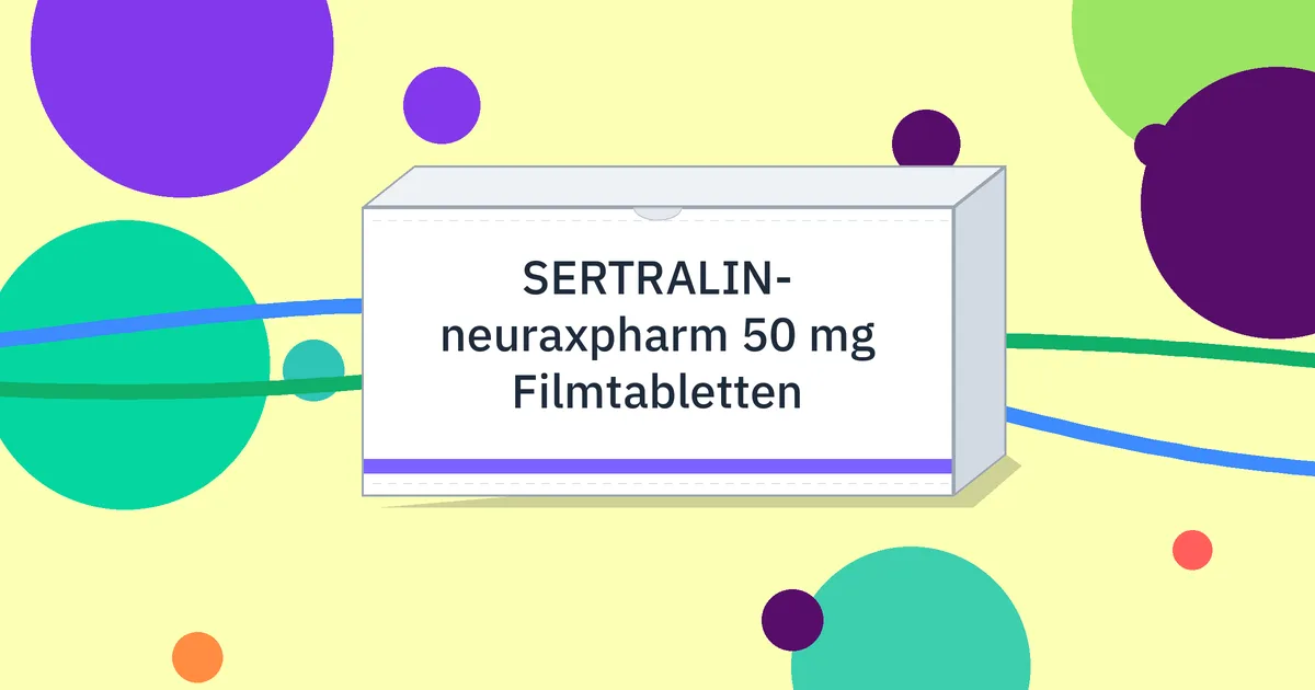 Symbolbild: Packung mit der Aufschrift SERTRALIN-neuraxpharm 50 mg Filmtabletten (PZN 01034840) – Verfügbarkeit und Bezug in Apotheken in Frankfurt am Main