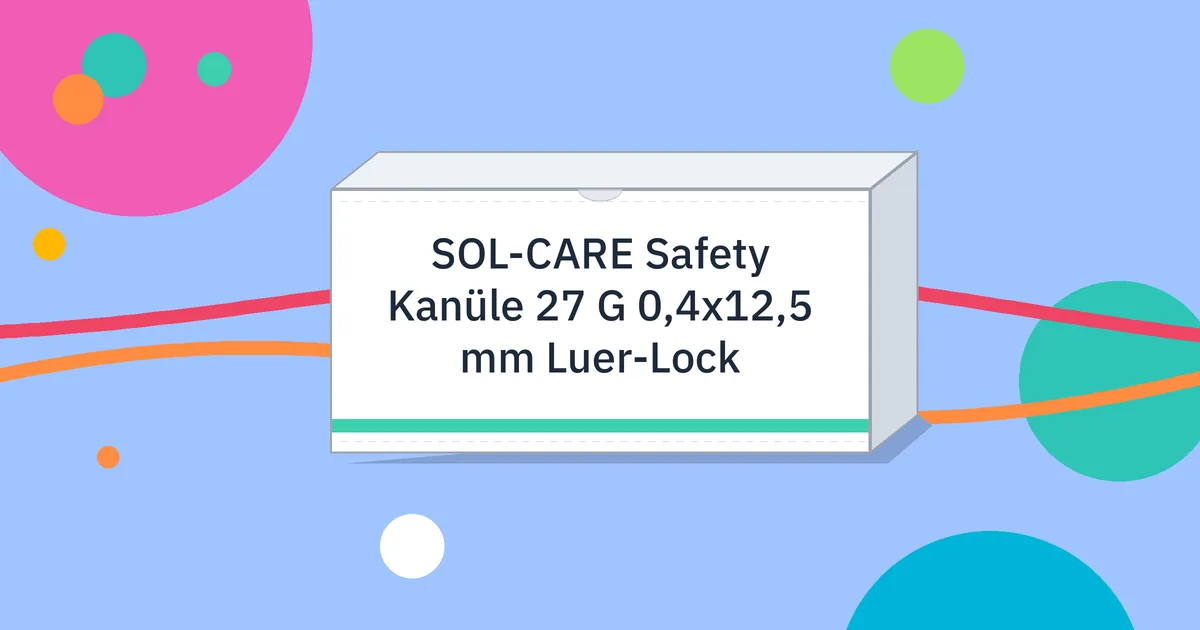 Symbolbild: Packung mit der Aufschrift SOL-CARE Safety Kanüle 27 G 0,4x12,5 mm Luer-Lock (PZN 20328257) – Verfügbarkeit und Bezug in Apotheken in Frankfurt am Main
