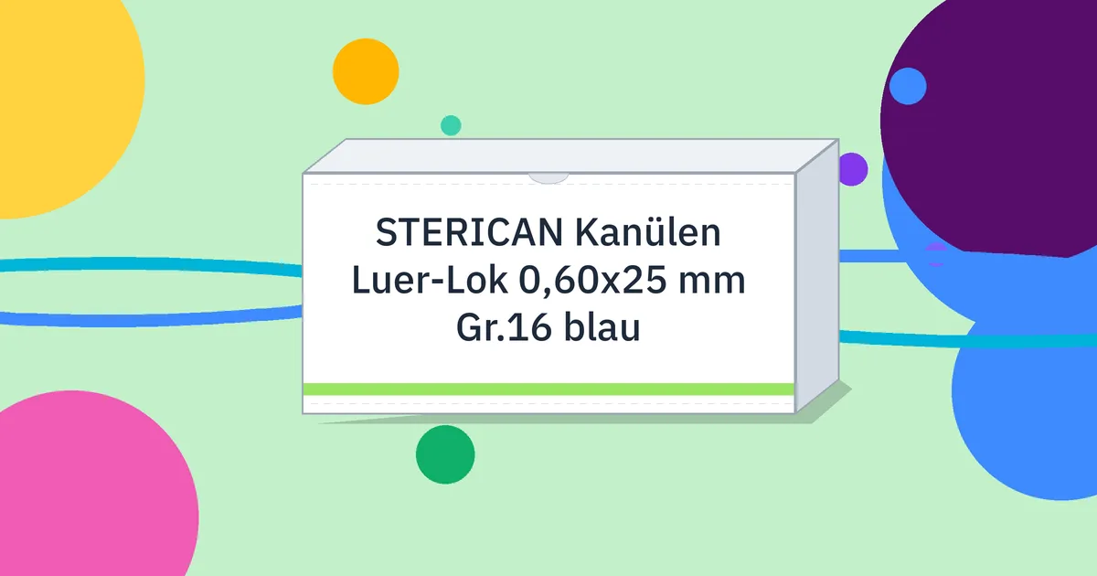 Symbolbild: Packung mit der Aufschrift STERICAN Kanülen Luer-Lok 0,60x25 mm Gr.16 blau (PZN 16016865) – Verfügbarkeit und Bezug in Apotheken in Frankfurt am Main