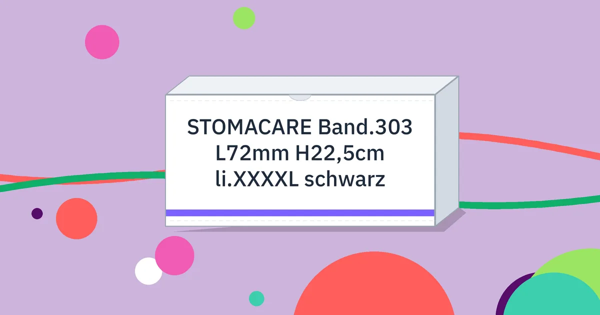 Symbolbild: Packung mit der Aufschrift STOMACARE Band.303 L72mm H22,5cm li.XXXXL schwarz (PZN 10841114) – Verfügbarkeit und Bezug in Apotheken in Frankfurt am Main