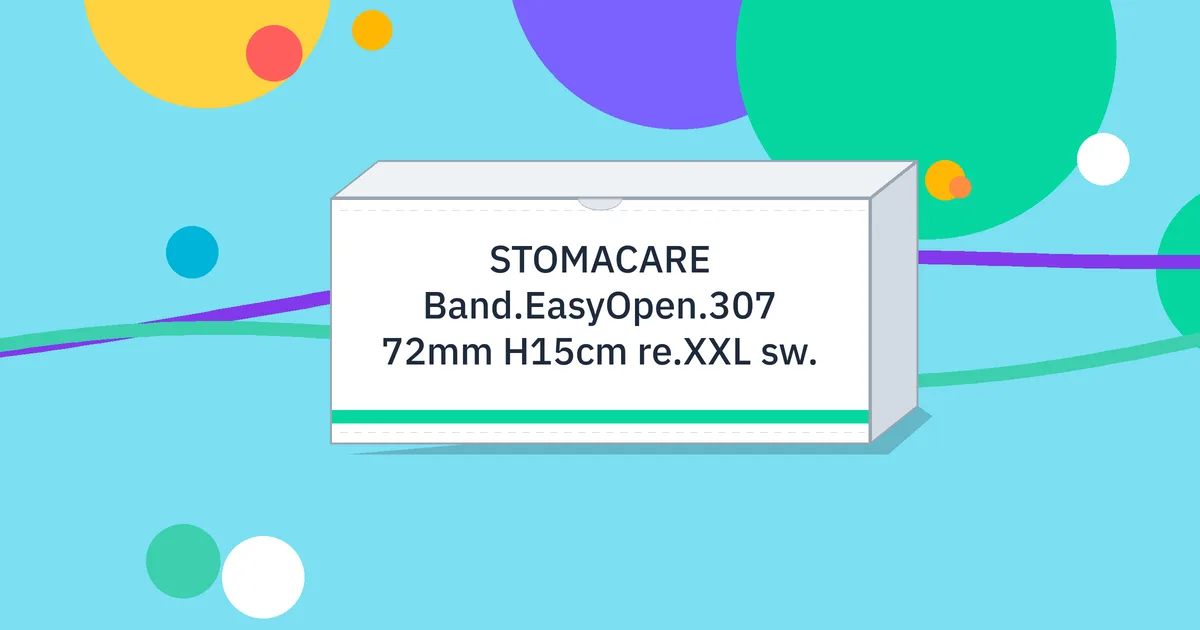 Symbolbild: Packung mit der Aufschrift STOMACARE Band.EasyOpen.307 72mm H15cm re.XXL sw. (PZN 09437655) – Verfügbarkeit und Bezug in Apotheken in Frankfurt am Main