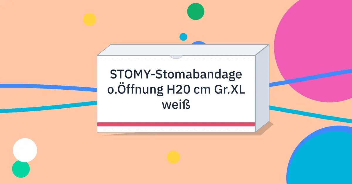 Symbolbild: Packung mit der Aufschrift STOMY-Stomabandage o.Öffnung H20 cm Gr.XL weiß (PZN 16751412) – Verfügbarkeit und Bezug in Apotheken in Frankfurt am Main