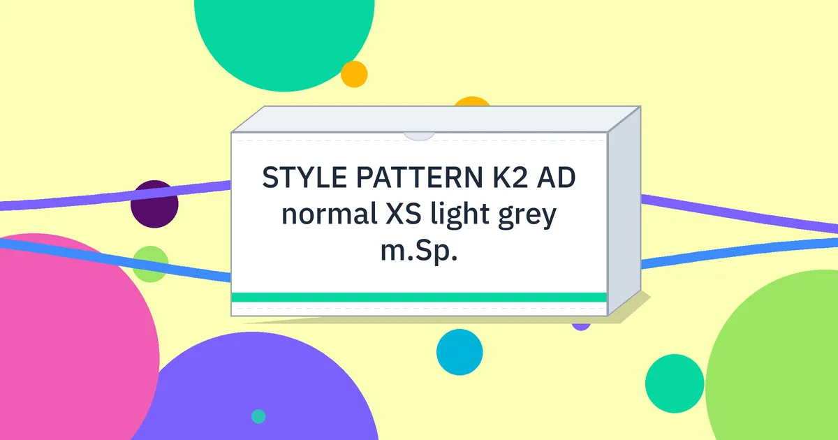 Symbolbild: Packung mit der Aufschrift STYLE PATTERN K2 AD normal XS light grey m.Sp. (PZN 19694904) – Verfügbarkeit und Bezug in Apotheken in Frankfurt am Main