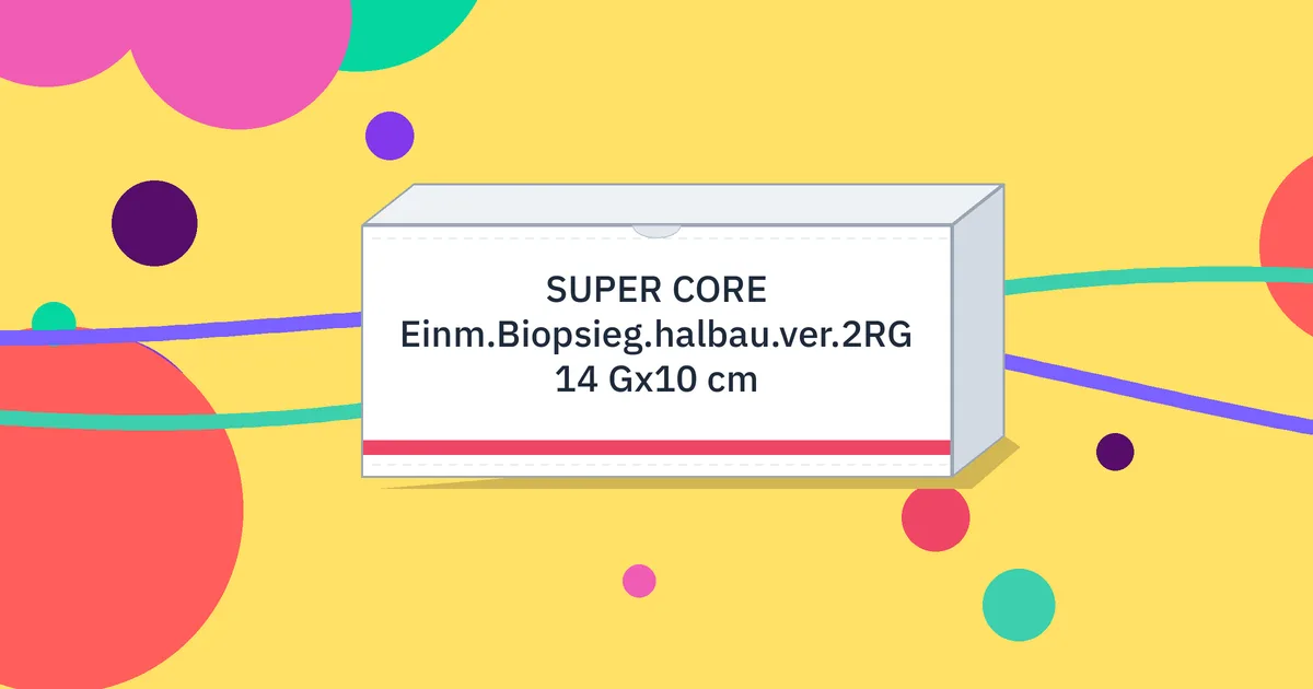 Symbolbild: Packung mit der Aufschrift SUPER CORE Einm.Biopsieg.halbau.ver.2RG 14 Gx10 cm (PZN 07099935) – Verfügbarkeit und Bezug in Apotheken in Frankfurt am Main